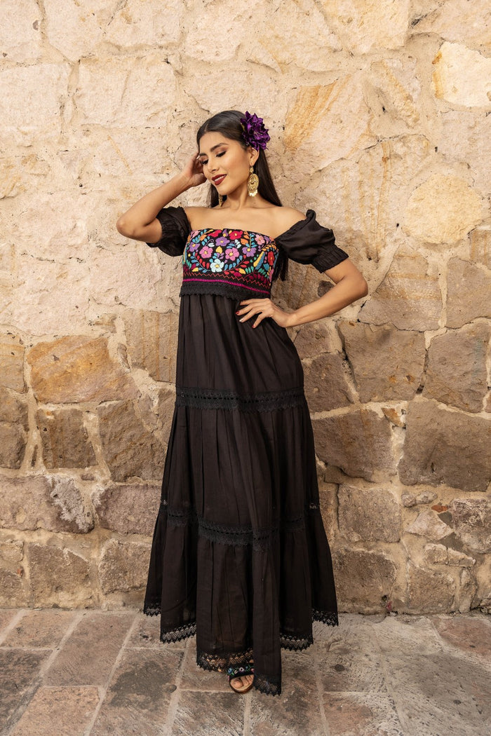Perla Floral Dress-Mexican Hand Embroidered Dress-Vestido Mexicano Floral
