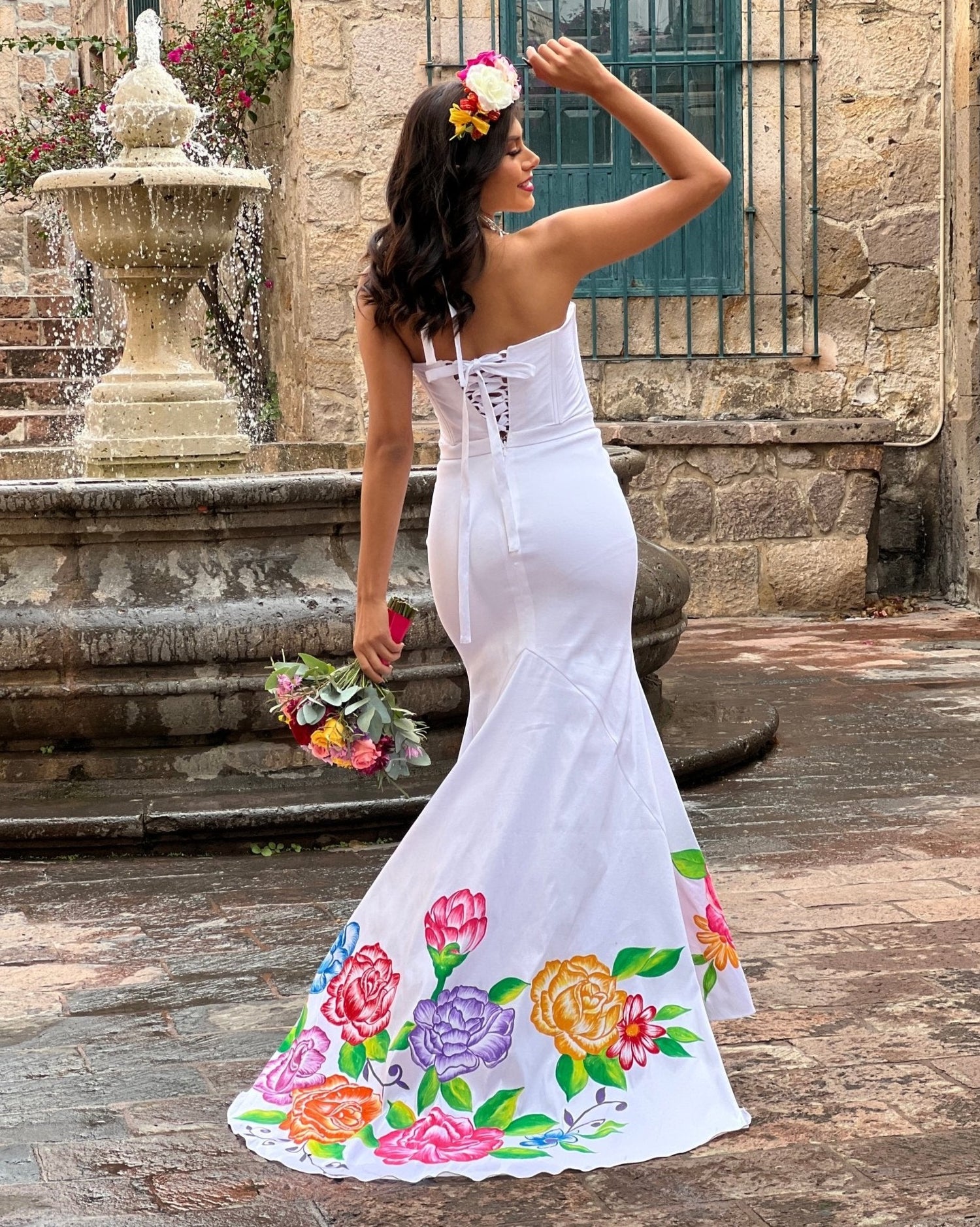 Elena Wedding Floral Mexican Dress. Vestido Mexicano Pintado de Novia