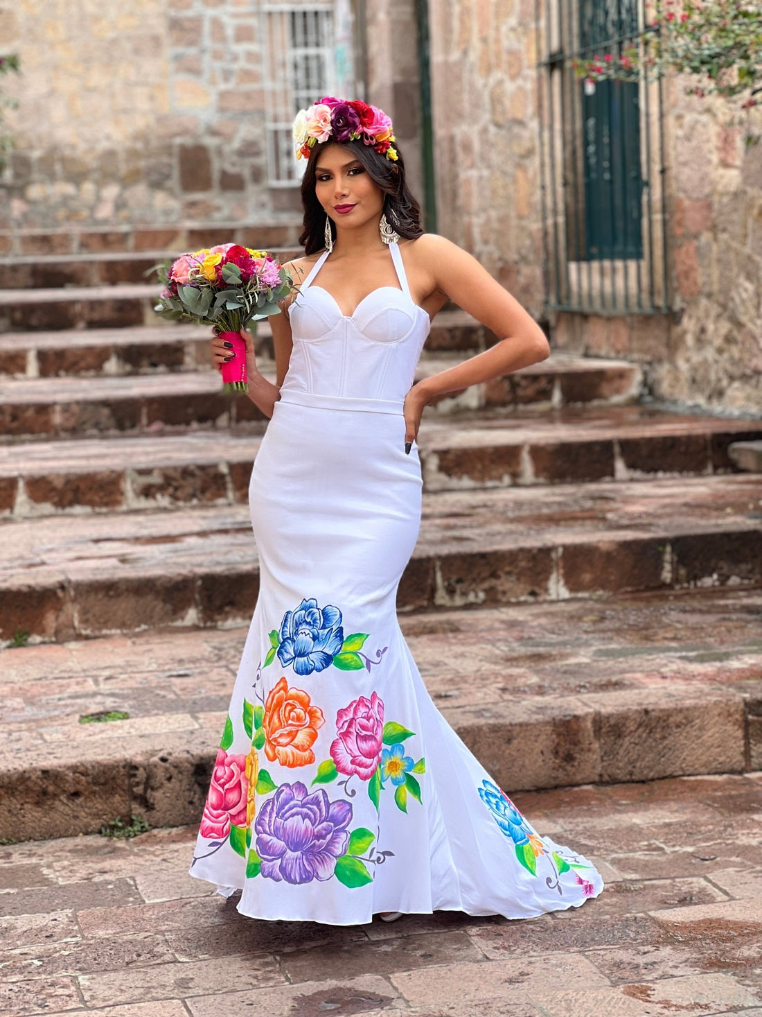 Elena Wedding Floral Mexican Dress. Vestido Mexicano Pintado de Novia