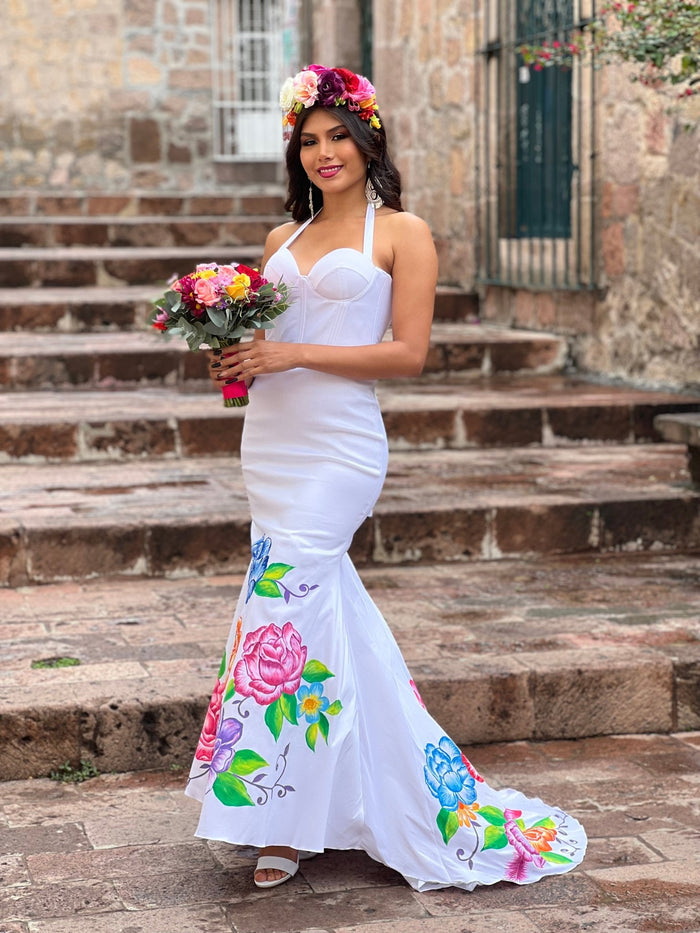 Elena Wedding Floral Mexican Dress. Vestido Mexicano Pintado de Novia