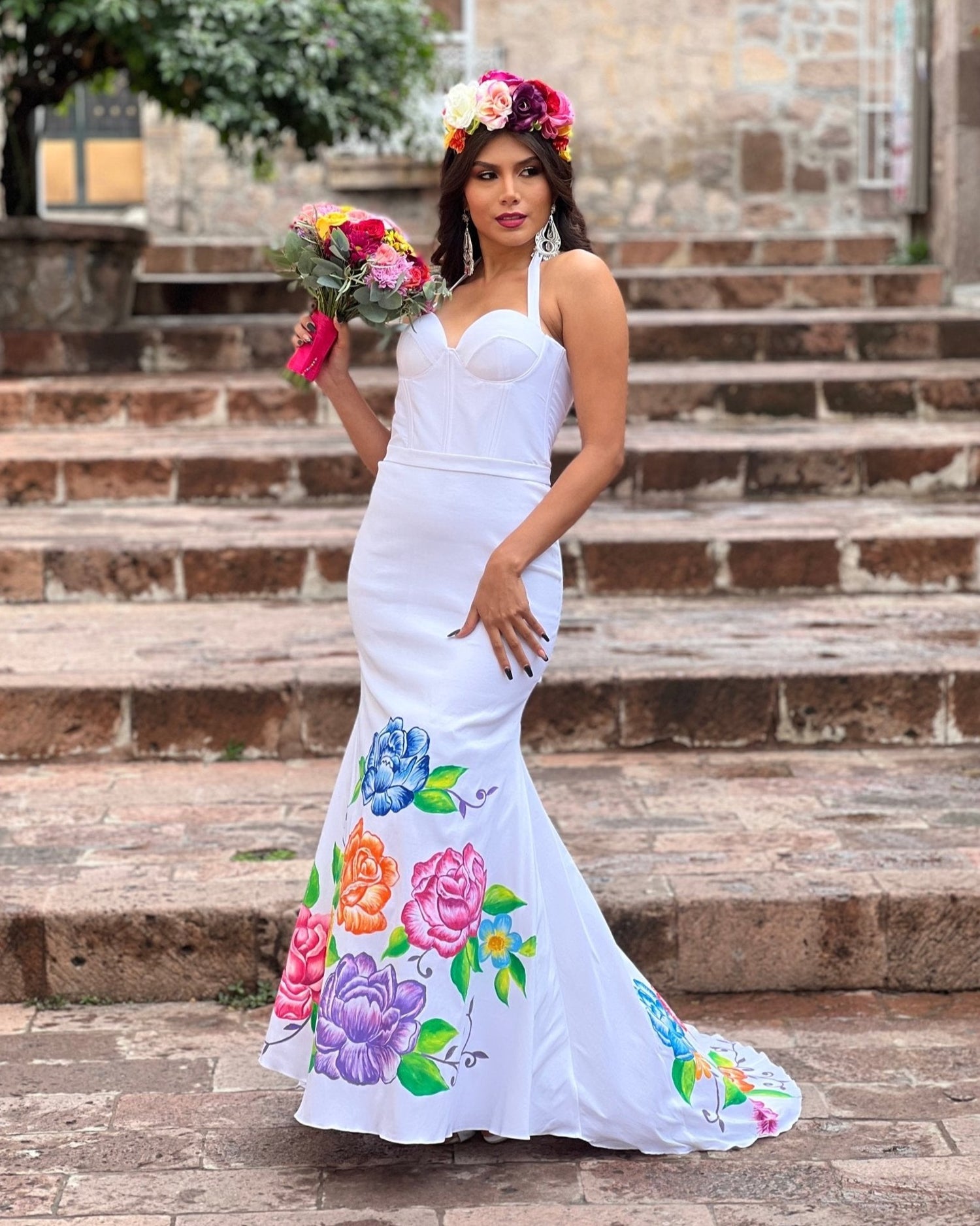 Elena Wedding Floral Mexican Dress. Vestido Mexicano Pintado de Novia
